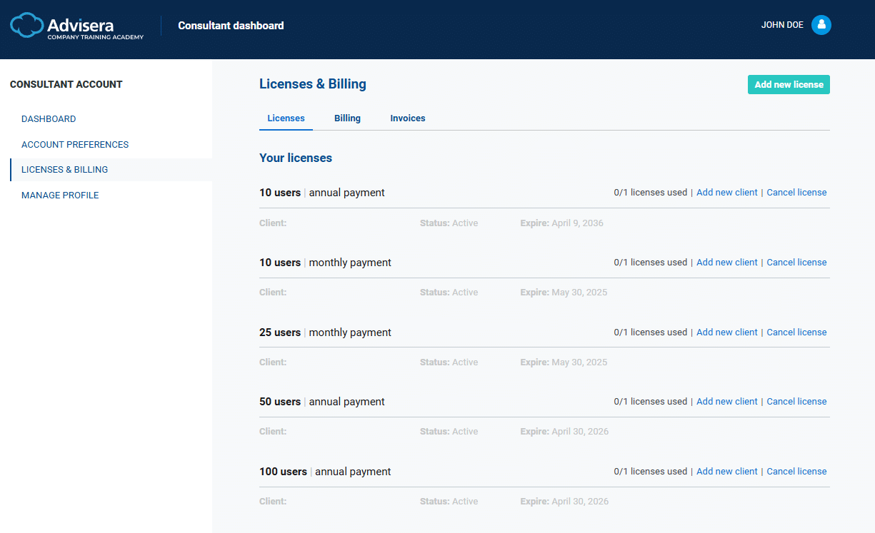 Manage Licenses | Advisera Help Center